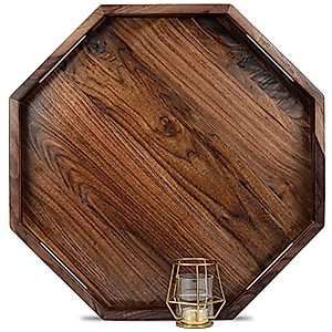 MAGIGO 20 Inches Extra Large Octagonal Black Walnut Wood Ottoman Tray with Handles, Serve Tea, Coffee Classic Wooden Decorative Serving Tray