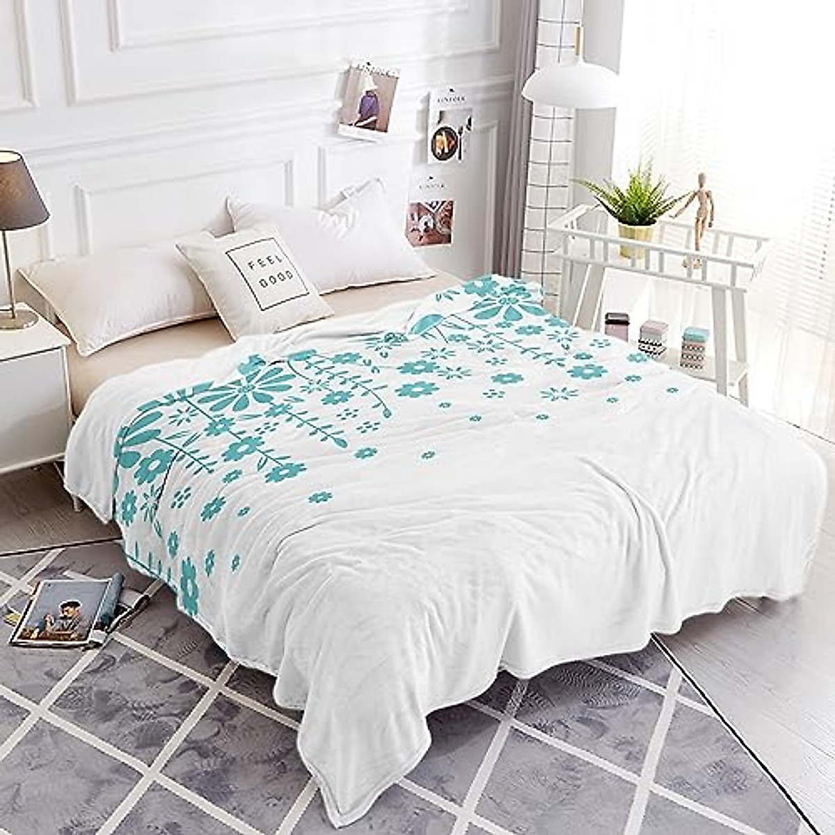 Throw Blanket- Teal Petal Flower Vine Soft Warm Plush Fleece Bed Throw,50x60In Flannel Blankets Abstract Plant Bedding Throws for Women/Men Bedroom Living Room Office Decor Simple Pastoral Floral