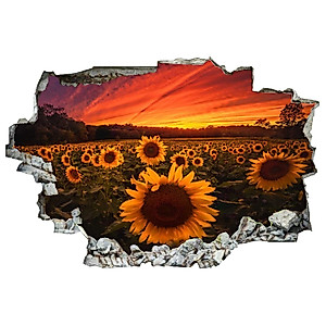 Sunrises and Sunsets Sunflowers Fields Wall Decal Landscape 3D Break Through Wall Sticker Removable PVC Funny Wall Art Decal Christmas Home Decor Vinyl Mural for Boy Kids Room Living Room