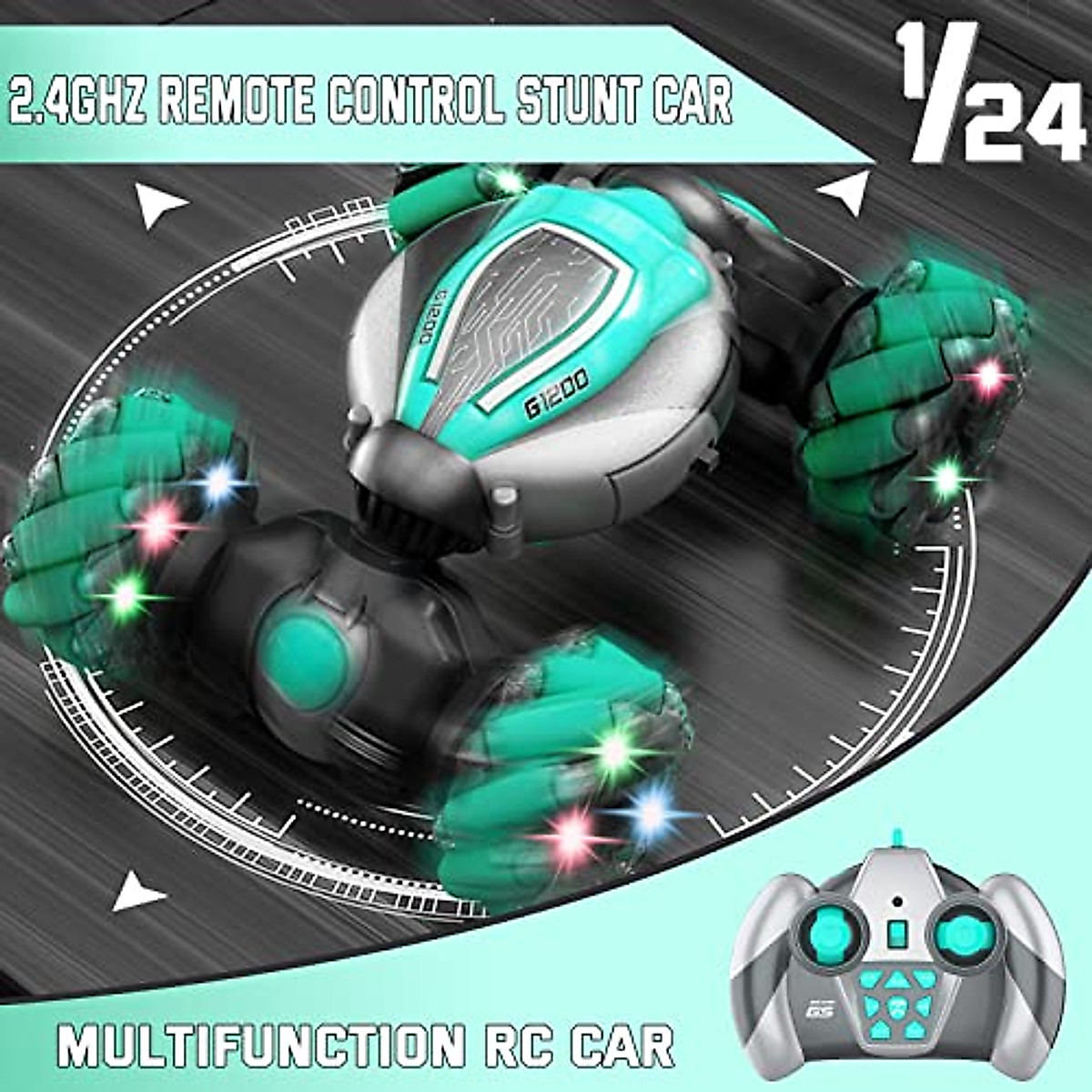 RC Stunt Cars, Mini Remote Control Car for 6 7 8-12 9 10 11 Year Old Boys Gifts 4WD Off Road Double Sided Drift Truck 360° Flips Rotating Toy with Cool Lights Adults Boys Girls Kids Gift