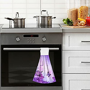 Kigai Purple Butterfly Hanging Tie Towels Set of 2, Absorbent Hand Towels Tea Bar Dish Dry Towels for Kitchen Bathroom Home Decor, 14 x18.2 inch