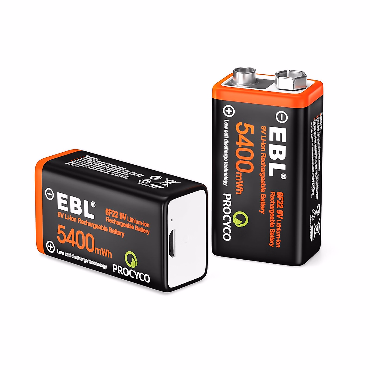 EBL Rechargeable 9V Lithium Batteries, 5400mWh USB 9 Volt Li-ion Batteries Long-Lasting(2 Pack)