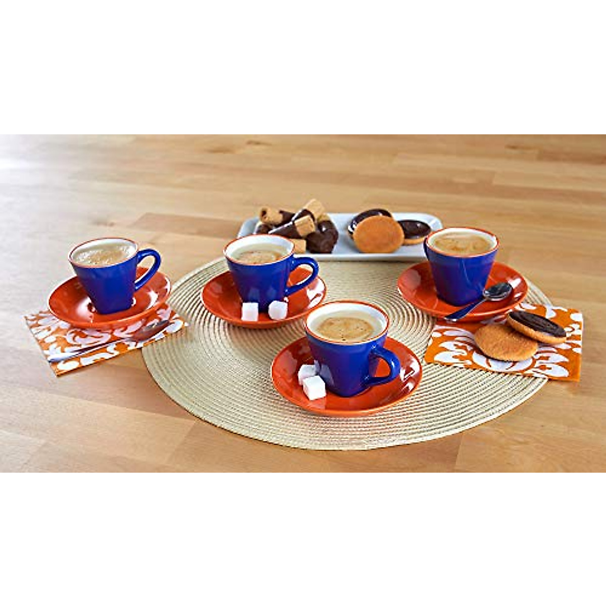 IMUSA USA Blue, 8 Piece 3oz Colorful Espresso Cups with Saucers, Orange