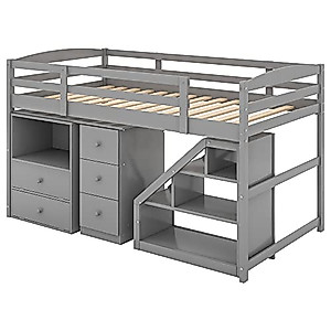 Woanke Twin Size Low Loft Bed with Multifunctional Movable Built-in Desk and Storage Drawers, Solid Wood Loft Bedframe for Kids Teens Boys Girls, 77.4''L*82''W*44.7''H, Grey