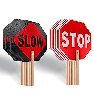 OLANZU 5-Pack Handheld Stop Slow Signs with Wooden Handle - 12" x 12" Double-sided Crossing Guard Stop Sign - Honeycomb Reflective Road Sign,Aluminium Sign - Easy to Install