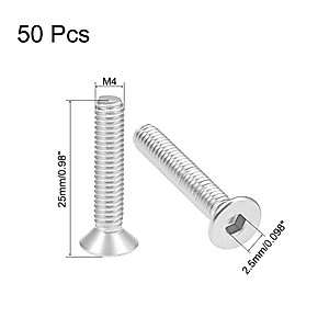 uxcell M4x25mm Flat Head Machine Screws Inner Hex Screw 304 Stainless Steel Fasteners Bolts 50Pcs
