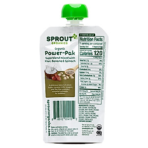 Sprout Organic Baby Food, Stage 4 Toddler Pouches, Kiwi Banana & Spinach Power Pak, Purees, 4 Ounce, Pack of 12