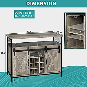 VINGLI Farmhouse Barn Door Buffet Sideboard Accent Storage Liquor Cabinet w/Removable 9-Bottle Wine Rack, Rustic Wine Cabinet Home Bar Furniture for Kitchen Dining Room (Wash Grey)