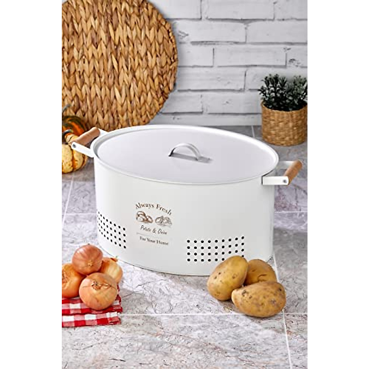 Potato Onion Metal Bin, Storage, Container - 2 Compartment Breathable Storage Container with Metal Lid (White 2)