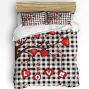 3 Pieces Bedding Set Twin Size, Valentines Soft Durable Duvet Cover Set Comforter Cover Set with Zipper Closure&Corner Ties All-Season Breathable Bedding Set Red Love Heart Tree Black and White Plaid