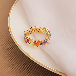 Kemstone Colorful Dainty Cubic Zirconia Rainbow Square Zircon Statement Ring for Women