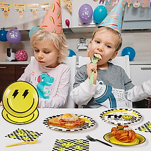 96 Pcs Two Cool Dude Birthday Party Decorations 350 GSM 2nd Birthday Party Supplies Tableware Set for Two Year Old Happy Dude Yellow Black Lightening Checkered Party Baby Shower Decor Serves 24 Guests