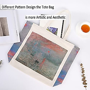 Sanmuci Canvas Tote Bag, Women's Large Zip Canvas Bag with Pockets, Vintage Graphic Aesthetic Shoulder Bags, Reusable Grocery Lunch Bag - Monet·Sunrise Impression