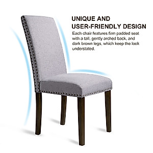 Merax Dining Chairs Set of 2, Fabric Dining Chairs with Copper Nails and Solid Wood Legs (Grey, Set of 2)