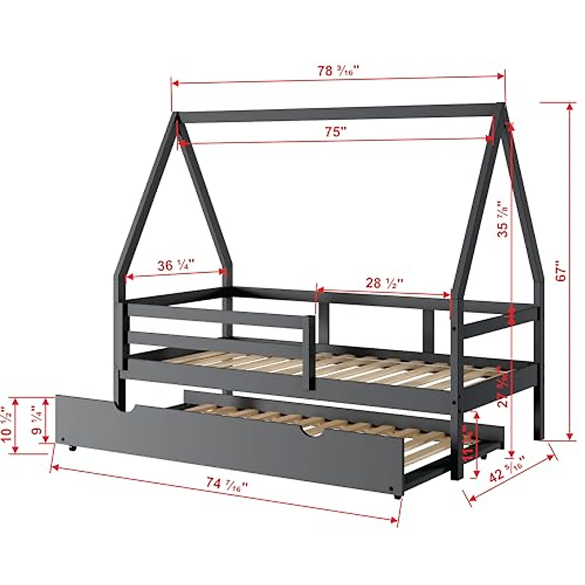 Donco Kids A-Frame Modern Twin Dark Grey House Bed with Twin Trundle