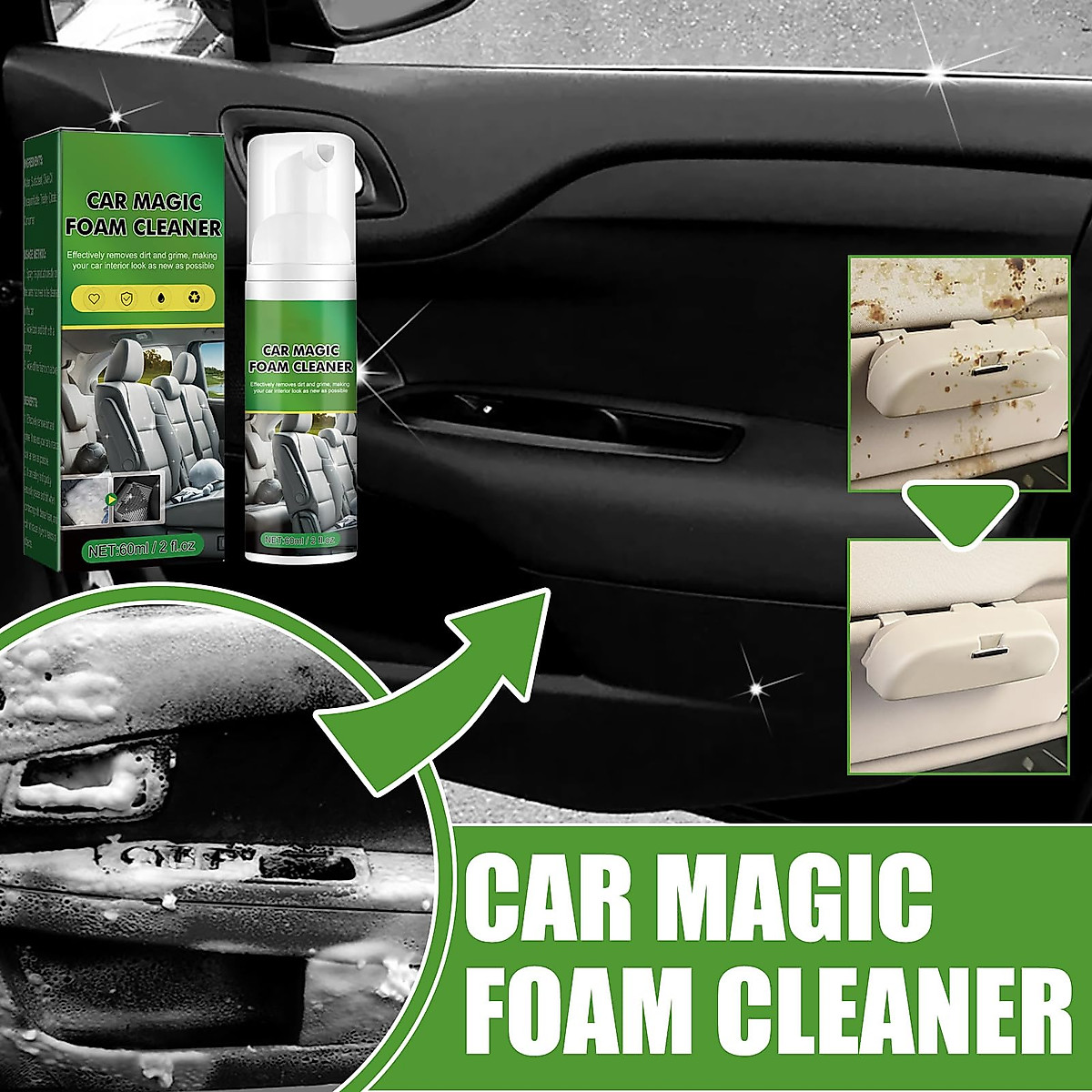 Ganbaro Car Magic Foam Cleaner, Powerful Upholstery and Car Seat Stain Remover, Multipurpose Foam Cleaner for Car Detailing - 60ml with Cleaning Sponge