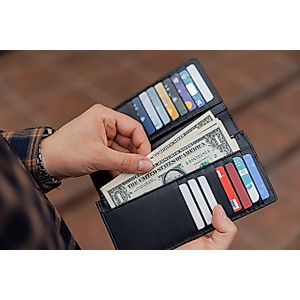 WOLFselection Genuine Leather Long Wallet - Rugged Bifold Mens Wallets with Inner Zip Slot for Key and Coins - Big Capacity for Credit Cards ID Driver's License and Notes