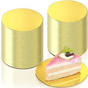 Honeydak 50 Pack Golden Cake Base Grease Proof Circle Plate Cardboard Rounds Mini Boards Laminated Mousse 4 Inch for Kitchen Baking Caking Pizza Dessert Cupcake Tiered Tray Display