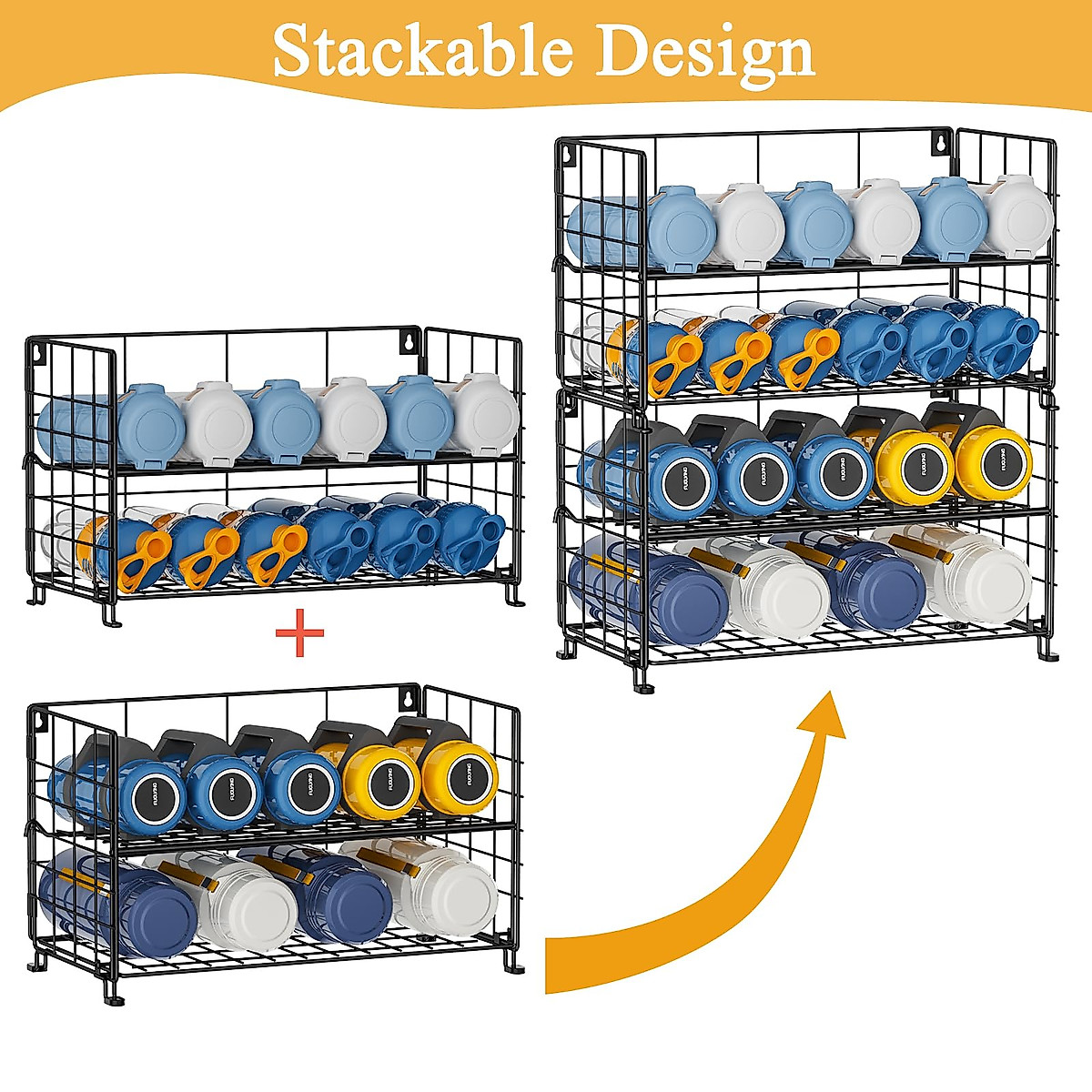 X-cosrack Adjustable Water Bottle Organizer,4-Tier Wall-Mounted Water Bottle Holder, Stackable Water Bottle Storage Rack for Kitchen Countertops,Pantry, Cabinet,Large(Patent No.:US D950,280 S)