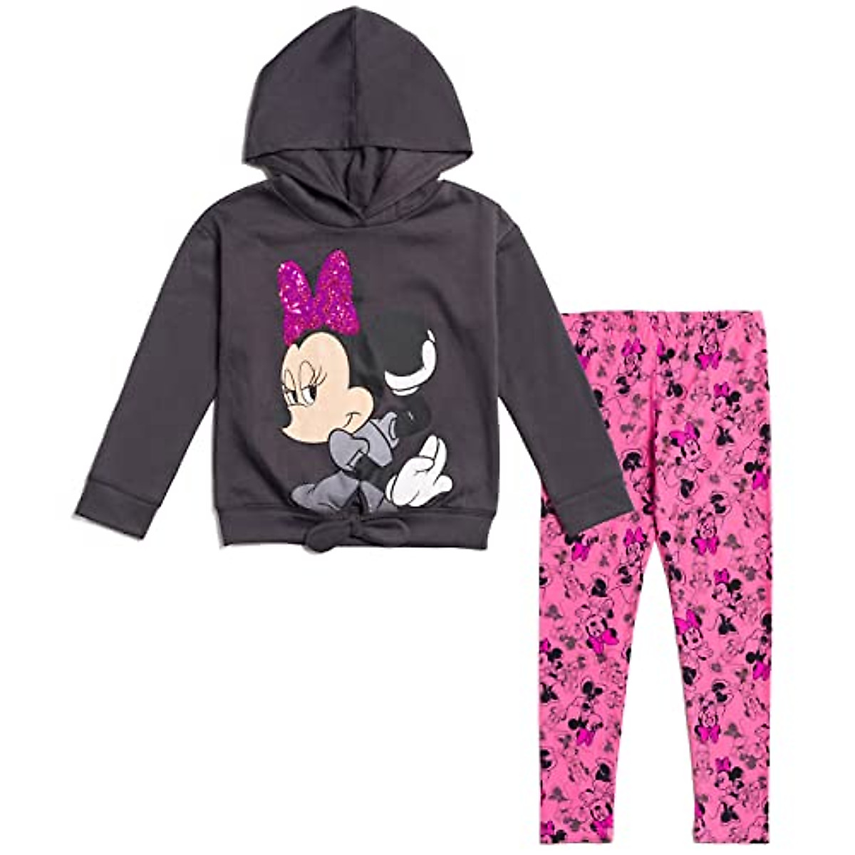 Disney Minnie Mouse Little Girls Pullover Fleece Hoodie and Leggings Outfit Set Gray 7-8