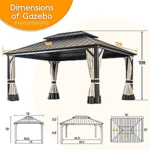 Warmally 12' x 16' Hardtop Gazebo, Outdoor Permanent Gazebo with Galvanized Steel Double Roof Canopy, Aluminum Frame Pavilion with Netting and Curtains for Patio, Deck, Backyard, Lawn and Gardens