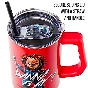 Silver Buffalo Chucky Wanna Play Stainless Steel Tumbler with Handle and Straw, Fits in Standard Cup Holder, 40 Ounces