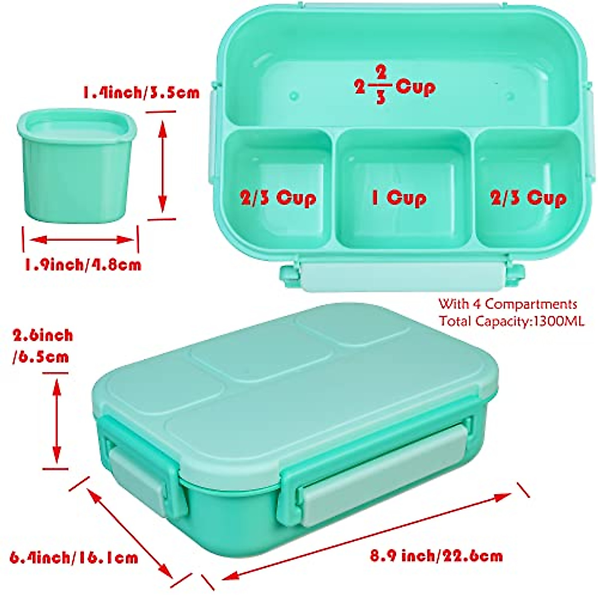 ZPIMY Bento Box Adult Lunch Box, Lunch Box Kids, Bento Box Kids, 1300ML Lunch Box Adult with 4 Compartment, Lunch Box Containers for Adults/Kids/Toddler, Microwave/Dishwasher/Freezer Safe (Green)