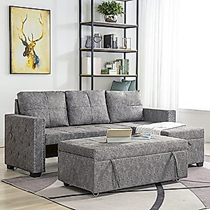 GLORHOME L Shape Storage Bed Pull Out Sleeper Sectional Couch with Upholstered with Nail Head Trim, 3-Seater Sofa for Living Room Furniture Set, Gray