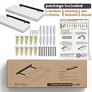 BATODA 17" White Floating Shelves Wall Mounted for Bathroom – Rustic Farmhouse Wooden Wall Storage Shelf for Bed Room, Kitchen, Home Décor - Brackets Included -17x 6x1.2 Inch (17 Inch)