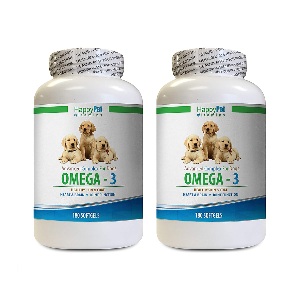 HAPPY PET VITAMINS LLC Dog Allergy Itch Relief - Dog Omega 3 - Healthy Skin Coat and Joints - Brain and Heart Health - Allergy Relief - epa Fish Oil for Dogs - 2 Bottles (360 Softgels)