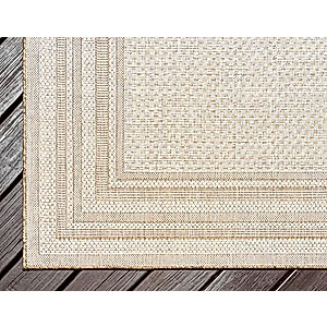 Unique Loom Outdoor Border Collection Area Rug - Multi Border (7' 1" x 10' Rectangle, Tan/ Light Brown)