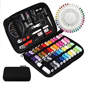 JUNING Sewing Kit with Case, 130 pcs Sewing Supplies for Home Travel and Emergency, Kids Machine, Contains 24 Spools of Thread of 100m, Mending and Sewing Needles, Scissors, Thimble, Tape Measure etc