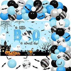 Halloween Baby Shower Party Decorations for Boys, A Little Boo Is Almost Due Backdrop Halloween Blue Black Silver Balloon Garland Kit Bat Wall Sticker White Ghost Foil Balloon