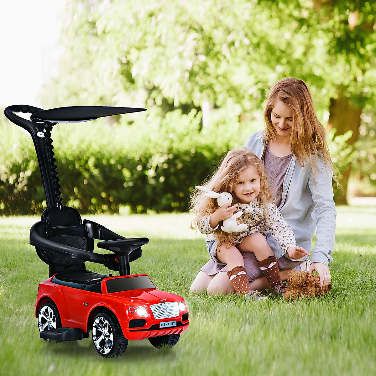 Costzon Push Cars for Toddlers, 3 in 1 Bentley Stroller Sliding Walking Car w/Canopy, Handle, Safety Bar, Cup Holder, Music, Underneath Storage, Foot-to-Floor Ride On Toy for Boys & Girls, Red