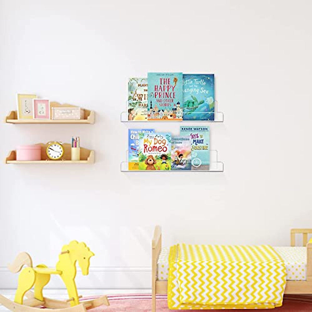 Dezzer Acrylic Floating Shelves, 6 Pack 15" Invisible Shelf Wall Ledge Bookshelf Bedroom Bathroom Kitchen Shelves Book Toys Funko Pop Figures Display Shelves, Clear