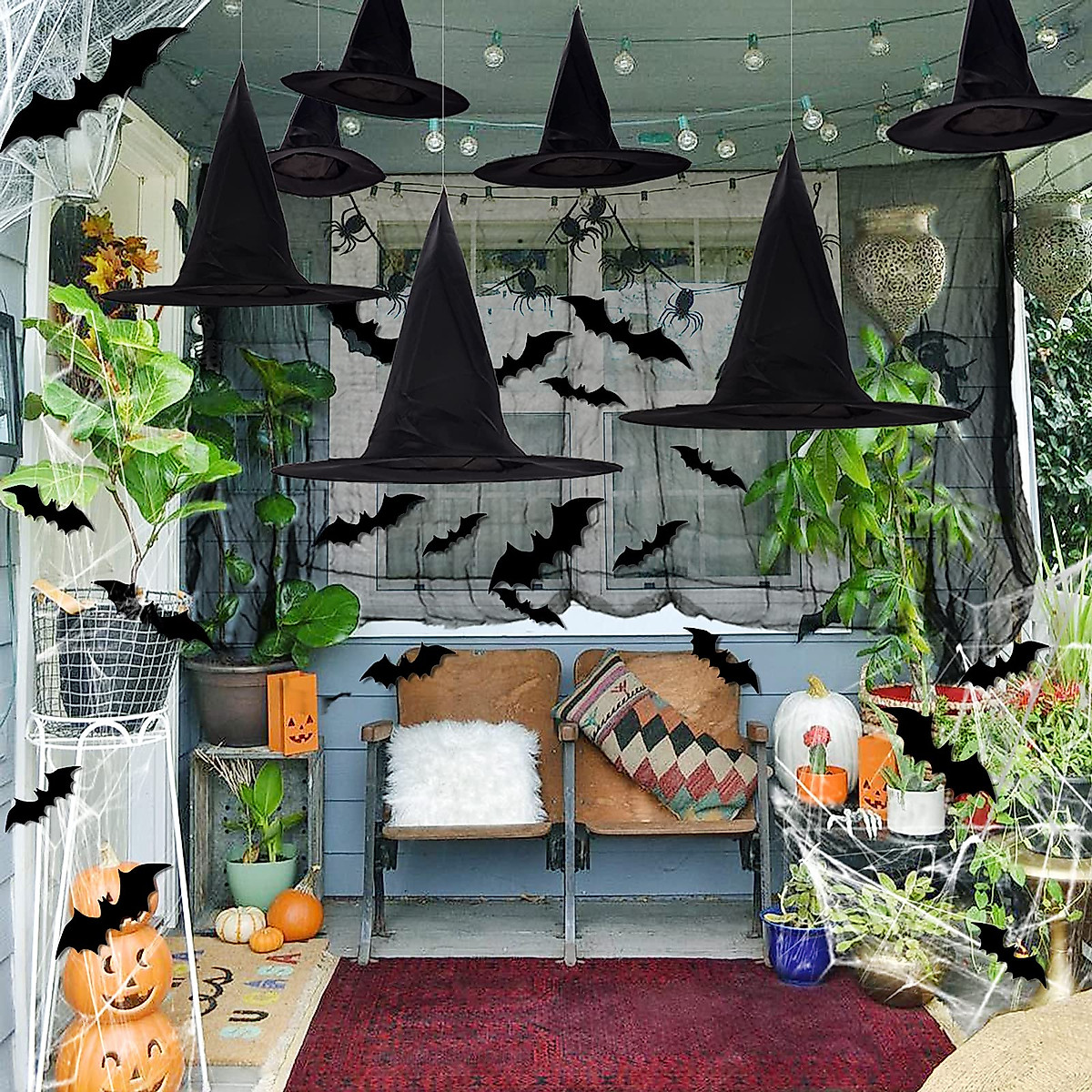 LINAYE Halloween Witch Hat XXL Kit - 12 PCS Black Witch Hats with Hanging Rope,16 PCS 3D Bat,Spider Web,Creepy Cloth Halloween Hanging Decoration Wizard Hats Halloween Decorations Decor