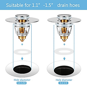2Pcs Bathroom Sink Stoppers ，Pop Up Drain Stopper for Bathroom Sink，‎2-in-1 Sink Stopper & Strainer,Universal Wash Basin Sink Stopper，for 1.1"~1.5" Bathroom Sink Drain（Silver）