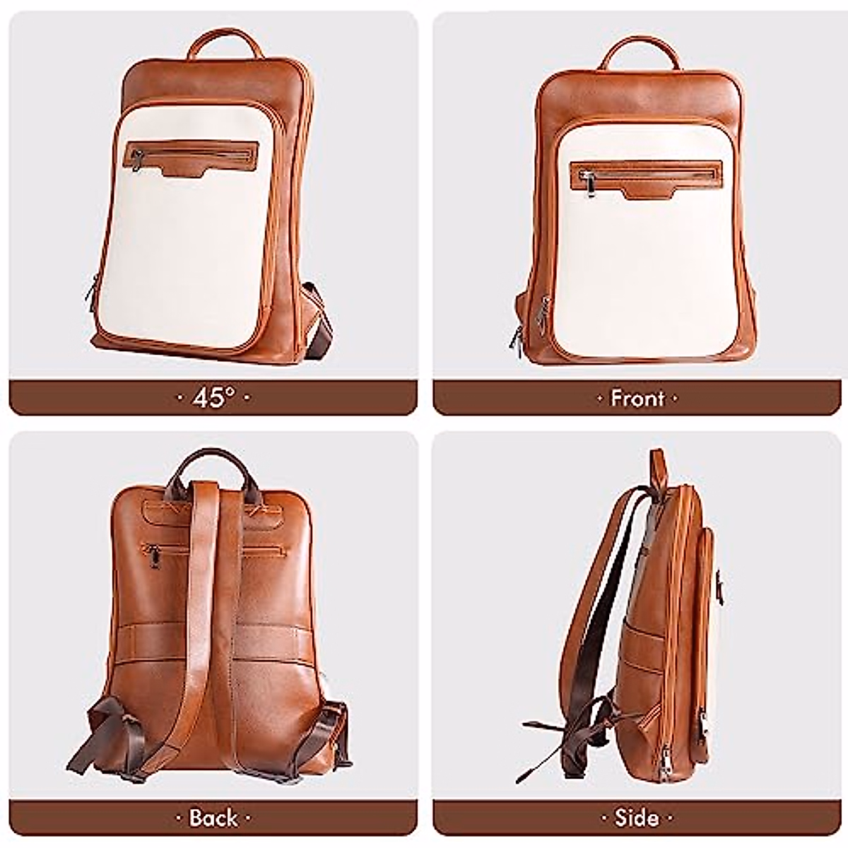 GUETES Leather Laptop Backpack, for Women and Men 15.6 inch Computer Backpack Travel Large Business Work College Daypack, Off White+ Brown