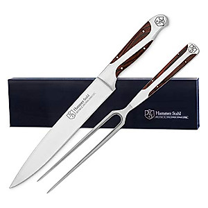 Hammer Stahl Carving Knife and Fork Set | German Forged High Carbon Stainless Steel Carving Set | Professional Carving Knife for Meat, Turkey & Brisket | Ergonomic Quad-Tang Pakkawood Handle