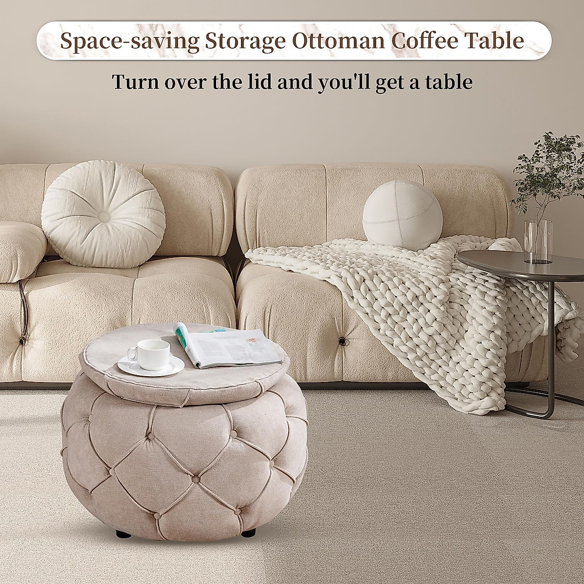 HAIZAO Round Burlap Storage Ottoman, Button Tufted Side Table with Lid, Coffee Table End Table Soft Chair Footrest Footstool for Living Room, Bedroom (Beige)