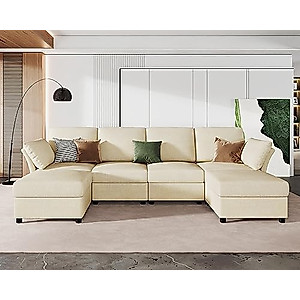 VanAcc Sectional Couch 6 Seats, Modular Sectional Sofa, Convertible Sofa in U Shape with Ottomans, Reversible Sofa Couch for Living Room, Beige Chenille