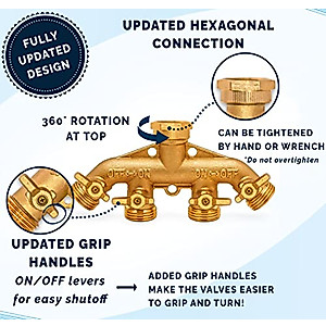 Morvat Heavy Duty Brass 4 Way Splitter, Garden Hose Manifold Connector with Comfort Grip ON/OFF Valves, Adapter for Water Faucet & Spigot, Includes 8 Extra Washers, Roll of Teflon Tape & Mounting Kit