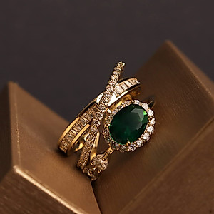 Sonateomber Green Crystal Gold Open Stacking Ring for Women - Large Dainty Simulated Emerald Rhinestone Cubic Zirconia Stone Adjustable Statement X Criss Cross Stack Costume Ring Valentine Gift