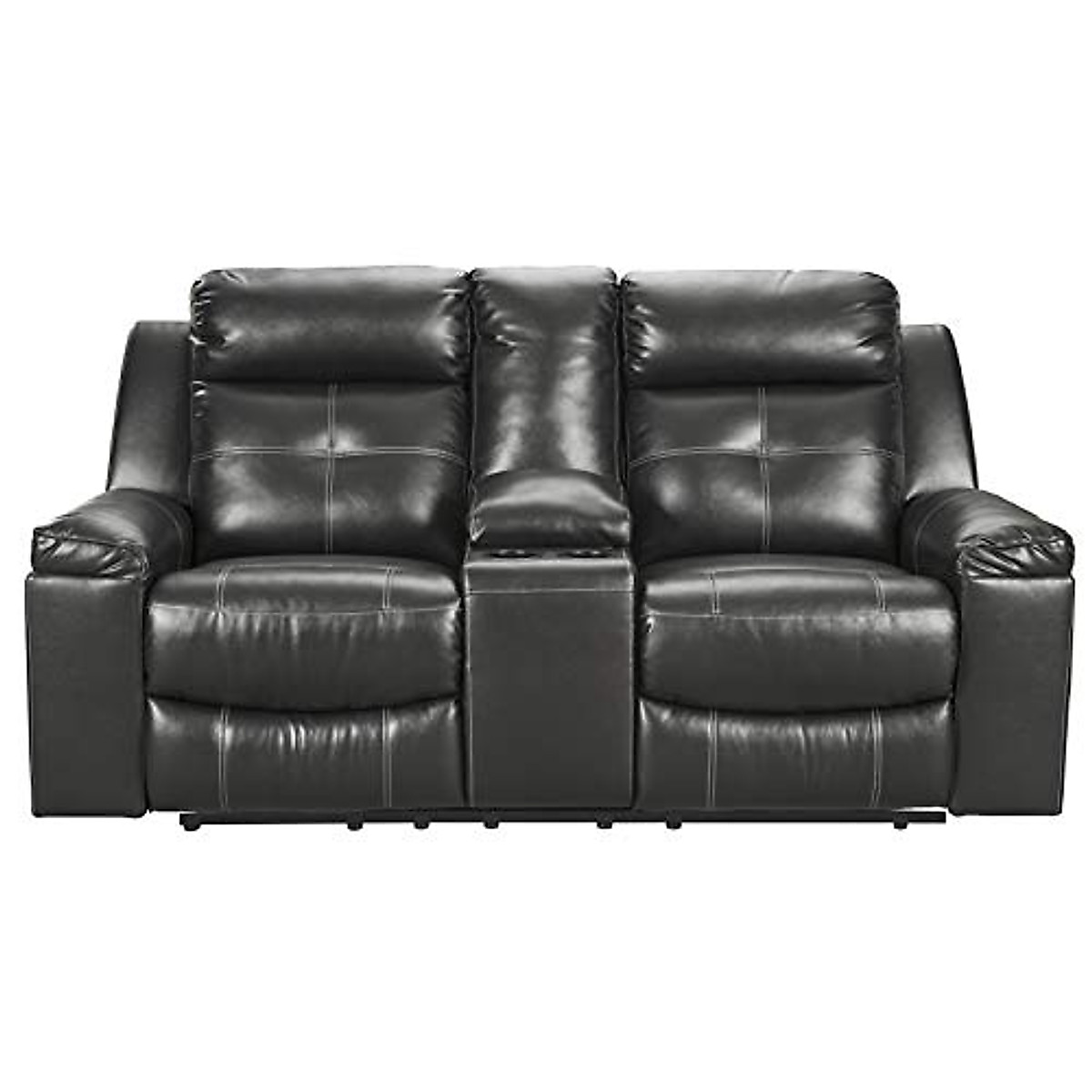 Signature Design by Ashley Kempten Faux Leather Manual Reclining Sofa with High Back, Center Console and Blue LED Lighting, Black