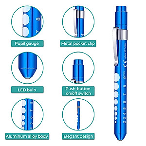 LUCS & JURS 2 Pcs Pen Light with 6 Multicolor Pen- Nurse Flashlight Pen with Pupil Gauge & 9 mm Ruler & Six 4 in 1 Multicolor Ballpoint Pen Pack- Carabiner Pens for Writing