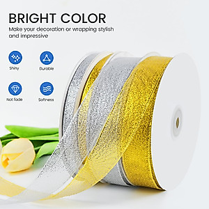 HimBen Glitter Metallic Silver Ribbon 3/8 inch 50 Yards, Sparkly Fabric Ribbon for Gift Wrapping, DIY Crafts, Party, Birthday, Wedding Sewing, Floral Bouquets and Home Decorations