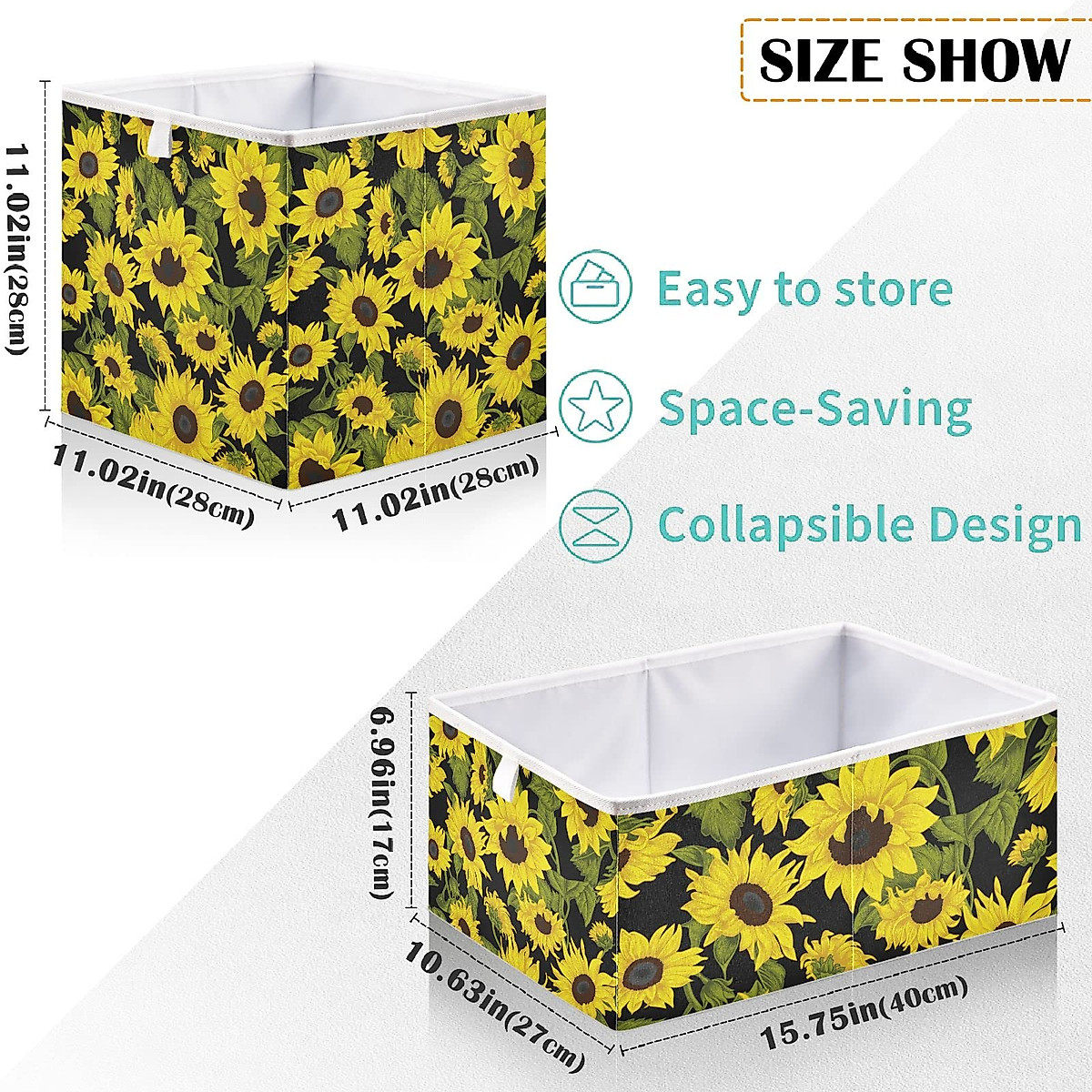 visesunny Closet Baskets Classic Style Sunflower Storage Bins Fabric Baskets for Organizing Shelves Foldable Storage Cube Bins for Clothes, Toys, Baby Toiletry, Office Supply