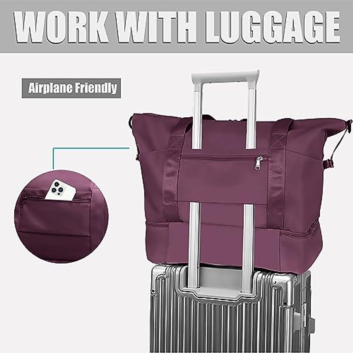 MOCARE Travel Duffel Bag, Sports Gym Tote Carry on Bags for Women, Foldable Lightweight Overnight Shoulder Weekender Shopping Hospital Handbag with Shoes Compartment (Purplish Red)