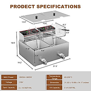 Commercial Deep Fryer with Basket 2 x 6.3QT/6L Electric Fryer with Drain Valve&Time Controller&Temperature Controller Countertop Large Stainless Steel 2 Baskets French Fry Fish Fat Fryer
