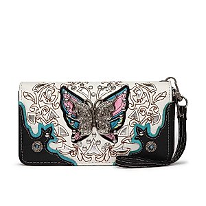 Western Style Spring Butterfly Floral Laser Cut Women Country Wallet Black